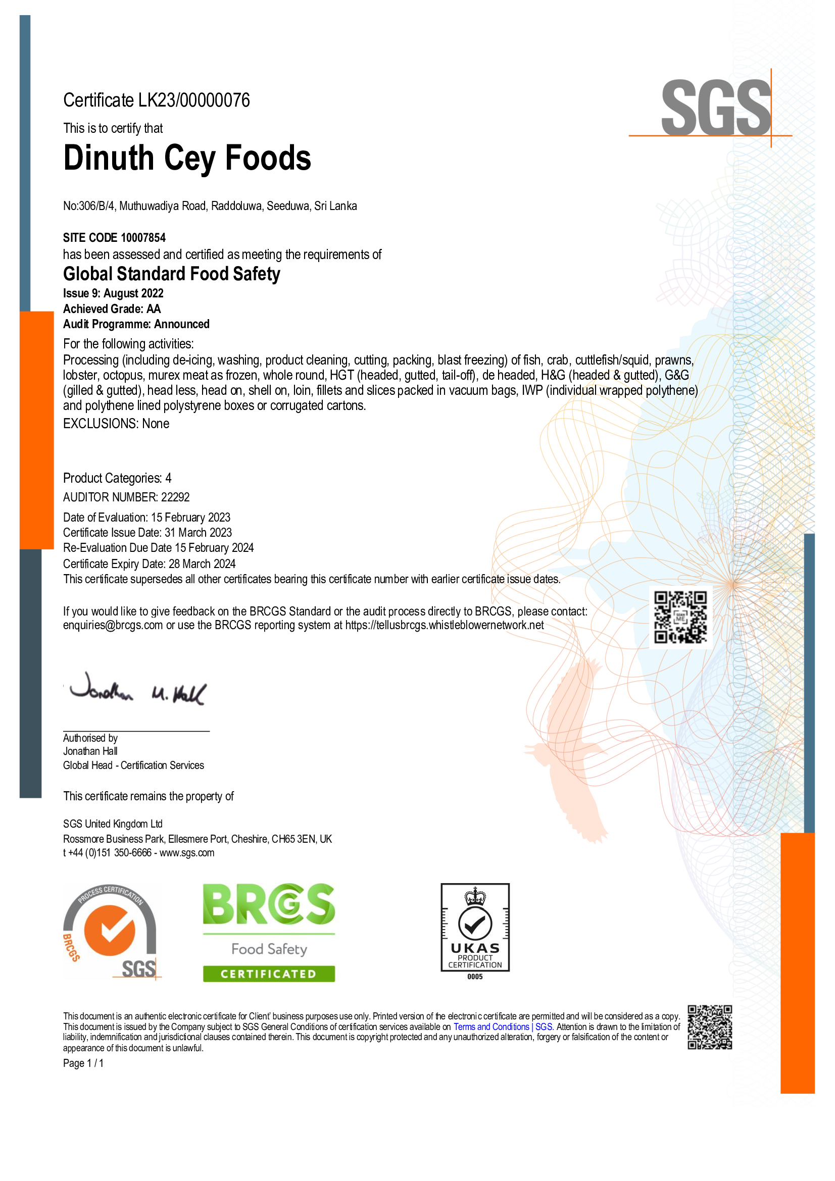 BRCGS – Issue 9 – Dinuth Cey Foods